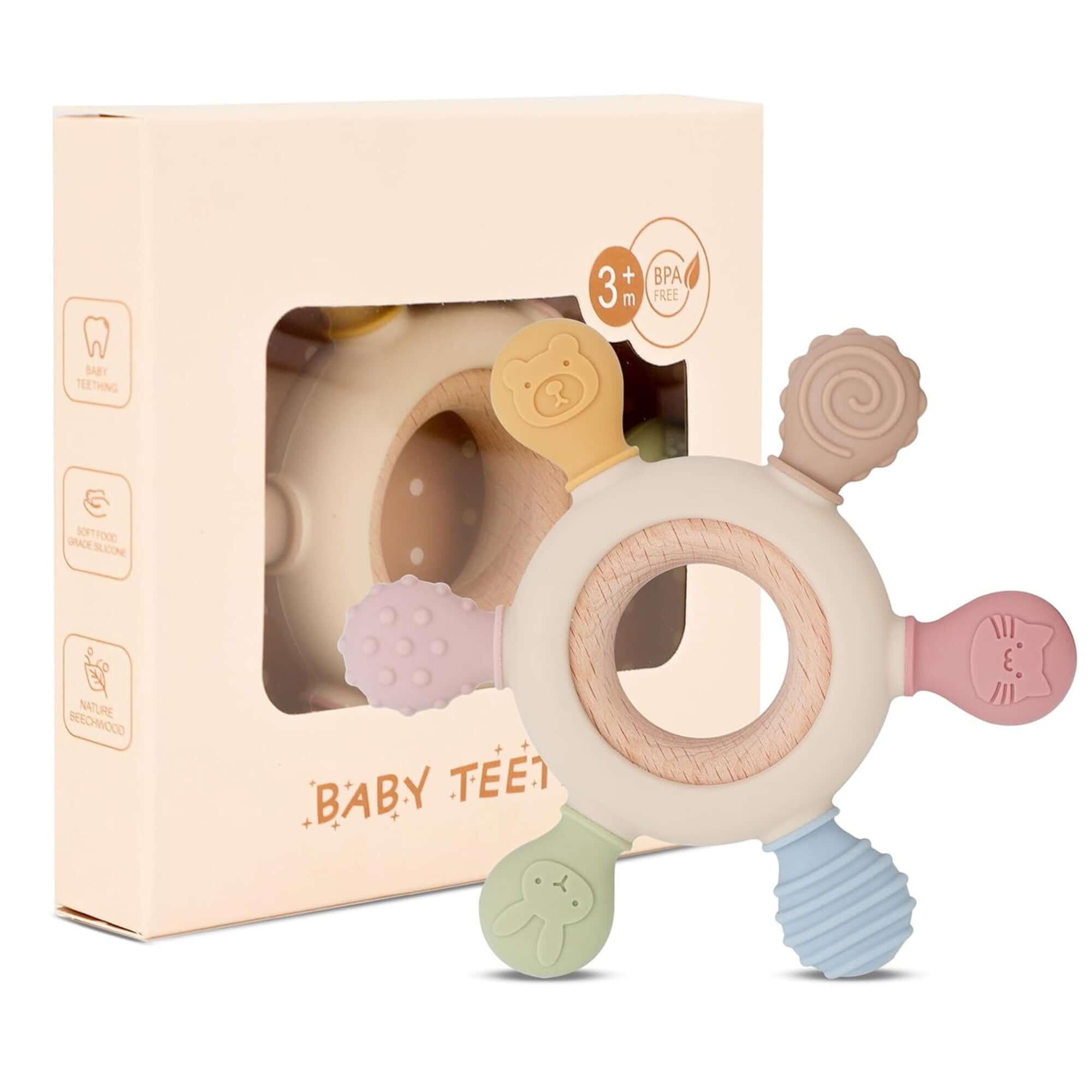 Silicone Wooden Baby Teether | BPA-Free Infant Teething Toy (3+ Months